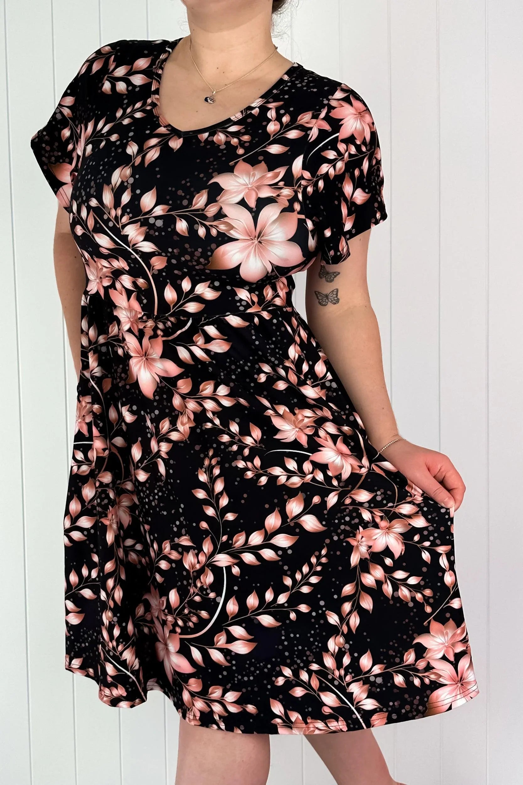 Rose Gold Oasis - Flutter Sleeve Skater Dress - Knee Length - Pockets ...